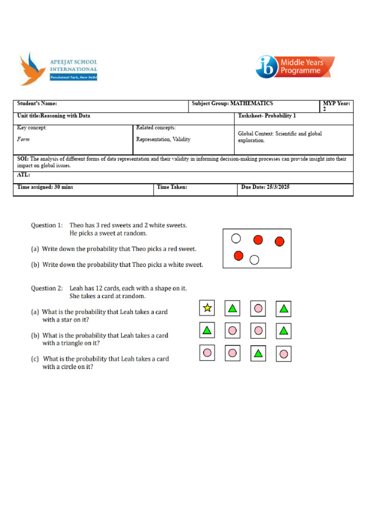MYP 2 Probablity Homework | PDF