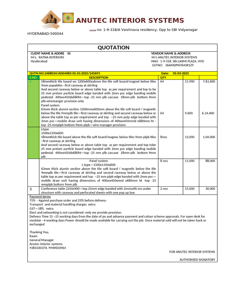 Quotation-Ratna Interiors - 05-03-2025 | PDF | Building Materials