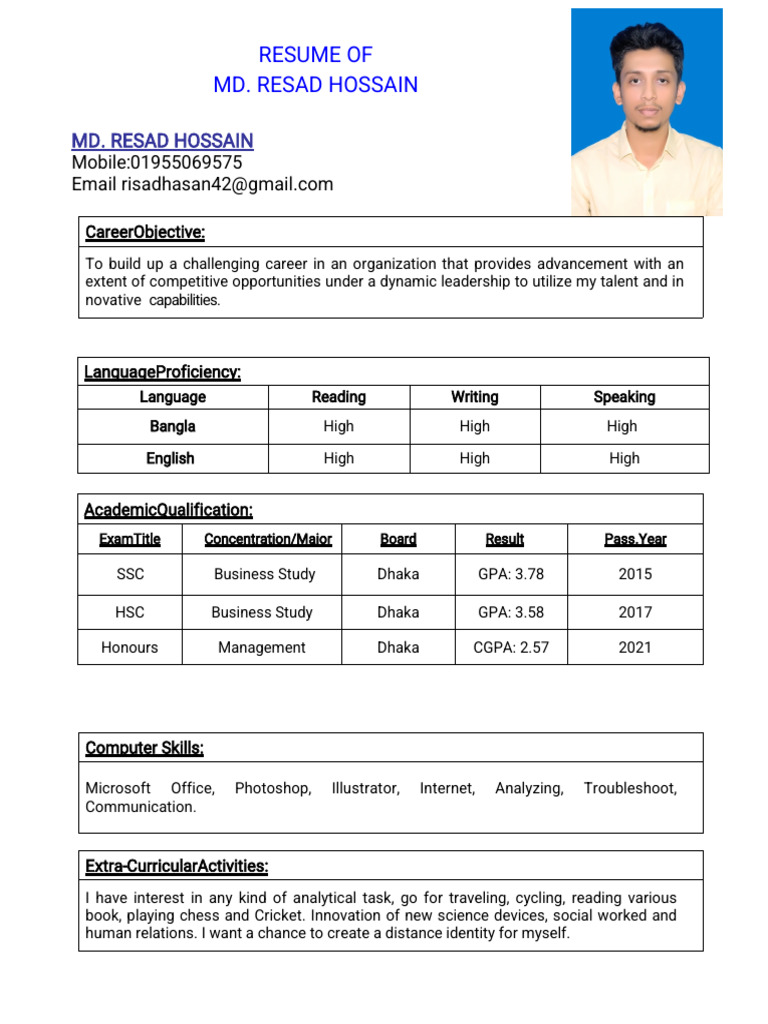 Resume of MD. Resad Hossain | PDF