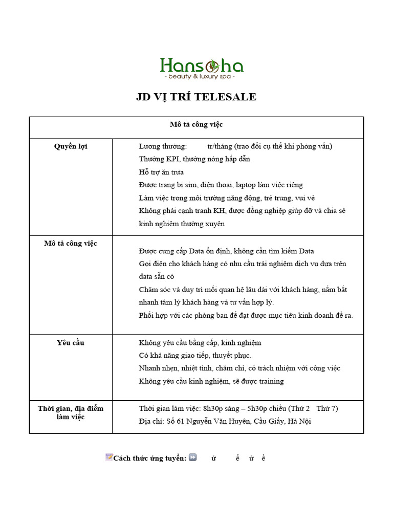 JD VỊ TRÍ TELESALE | PDF