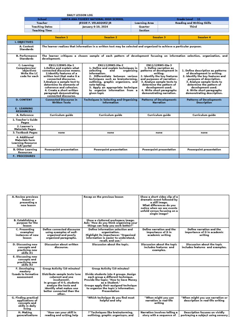 Daily Lesson Log Rws 3rd Quarter 123456 | PDF | Curriculum | Learning