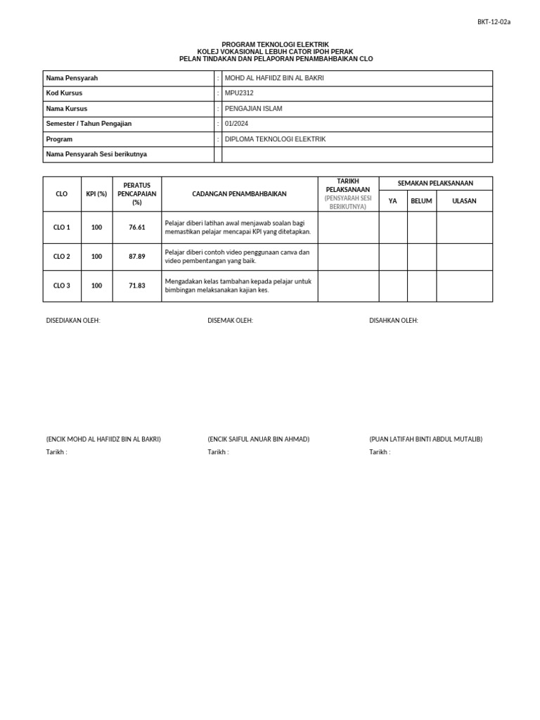 BKT-12-02a Pelan Tindakan CQI CLO 2024 (ETE) | PDF