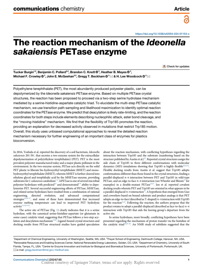 The Reaction Mechanism of The Ideonella Sakaiensis | PDF | Chemical ...