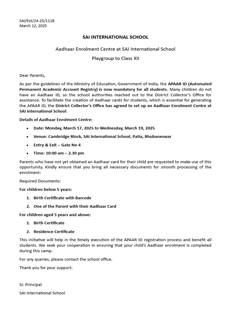 Aadhaar Enrolment Camp at SAI School | PDF