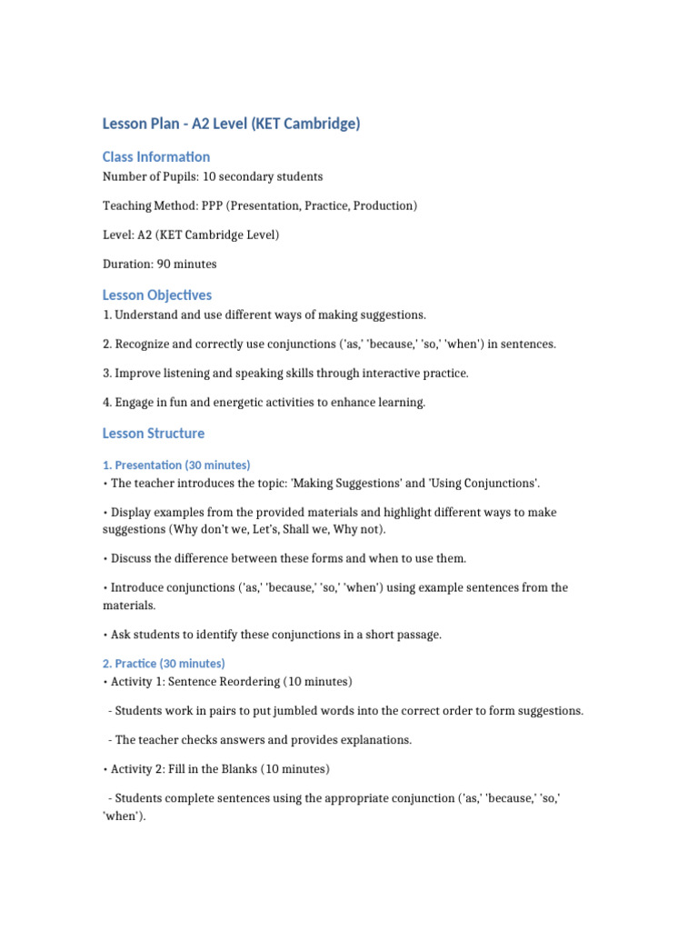 Lesson Plan A2 KET | PDF