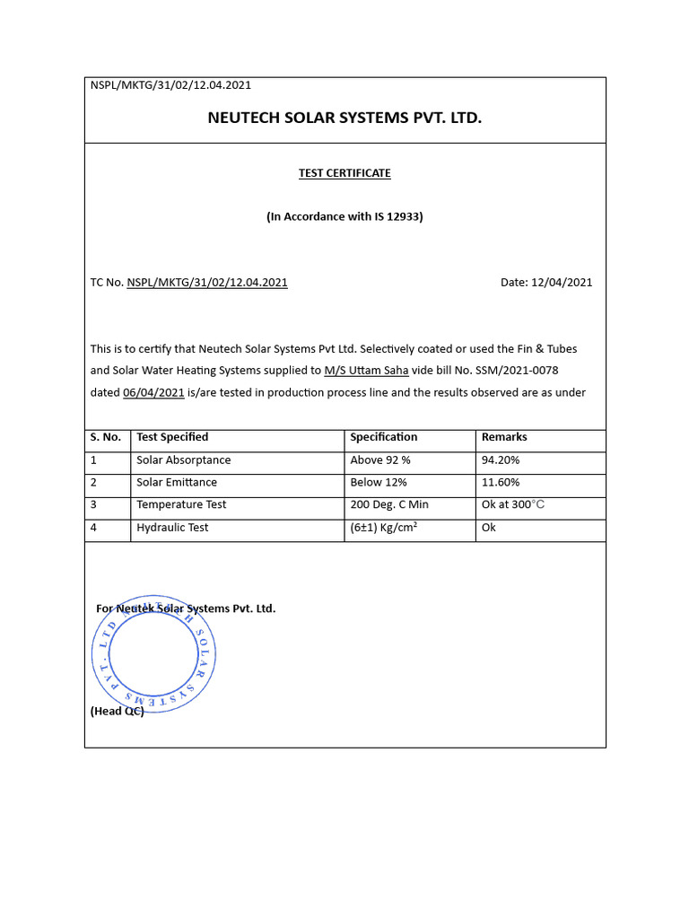 Neutech Solar Test Certificate Summary | PDF
