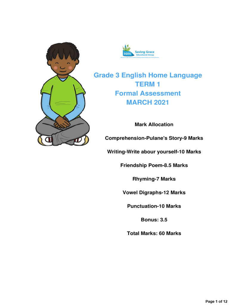 Grade 3 English HL Formal Assessment-TERM 1 | PDF