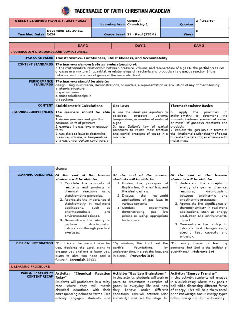 Weekly Learning Plan Sy 2024-2025 (Chemistry - Week 3) | PDF ...