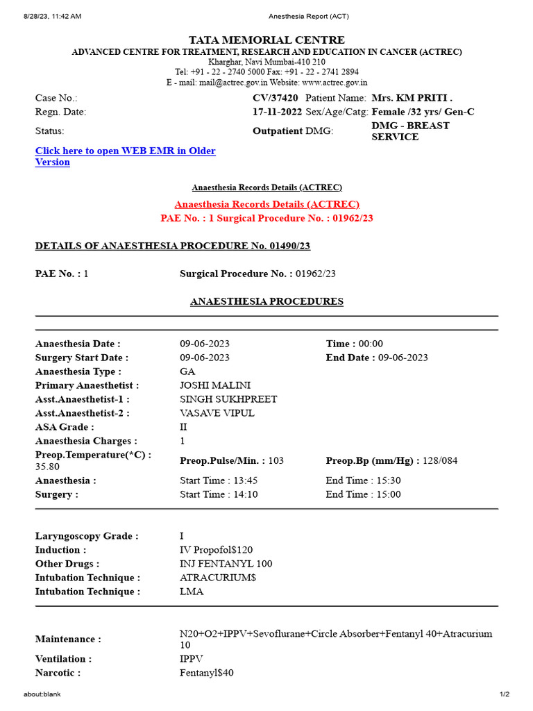 Anesthesia Report for Mrs. KM Priti | PDF | Anesthesia | Surgery