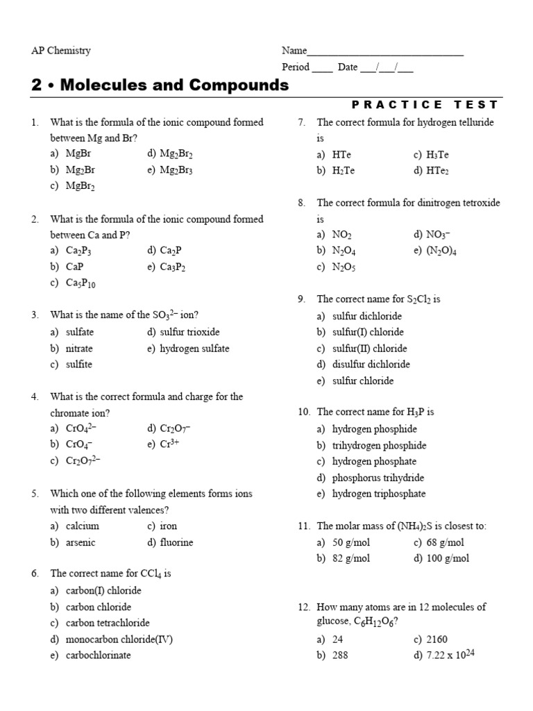 AP Chapter 2 (Part B) - Practice Test | PDF | Mole (Unit) | Molecules