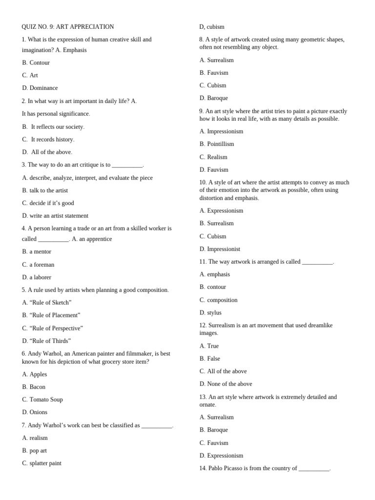 Art Appreciation Quiz Overview | PDF | Paintings | Impressionism