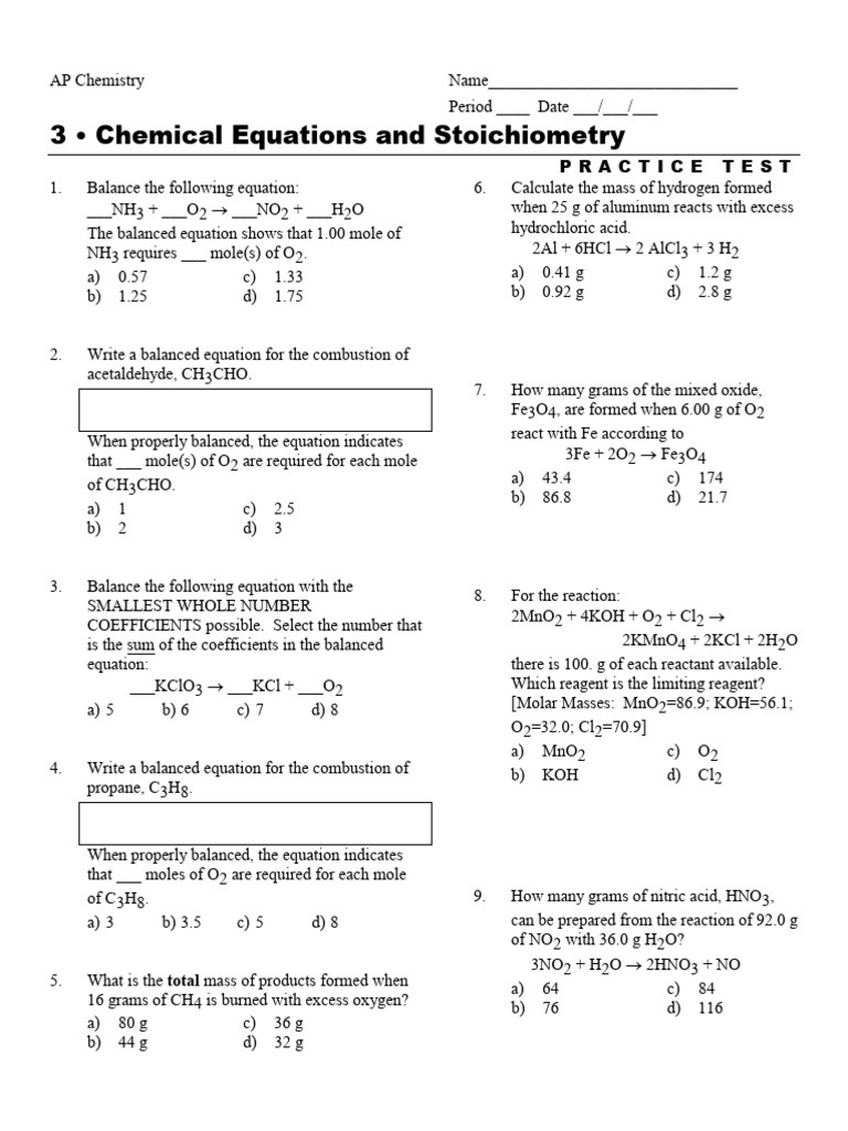 AP Chemistry Unit 3 Practice Test | PDF | Chemistry | Chemical Substances