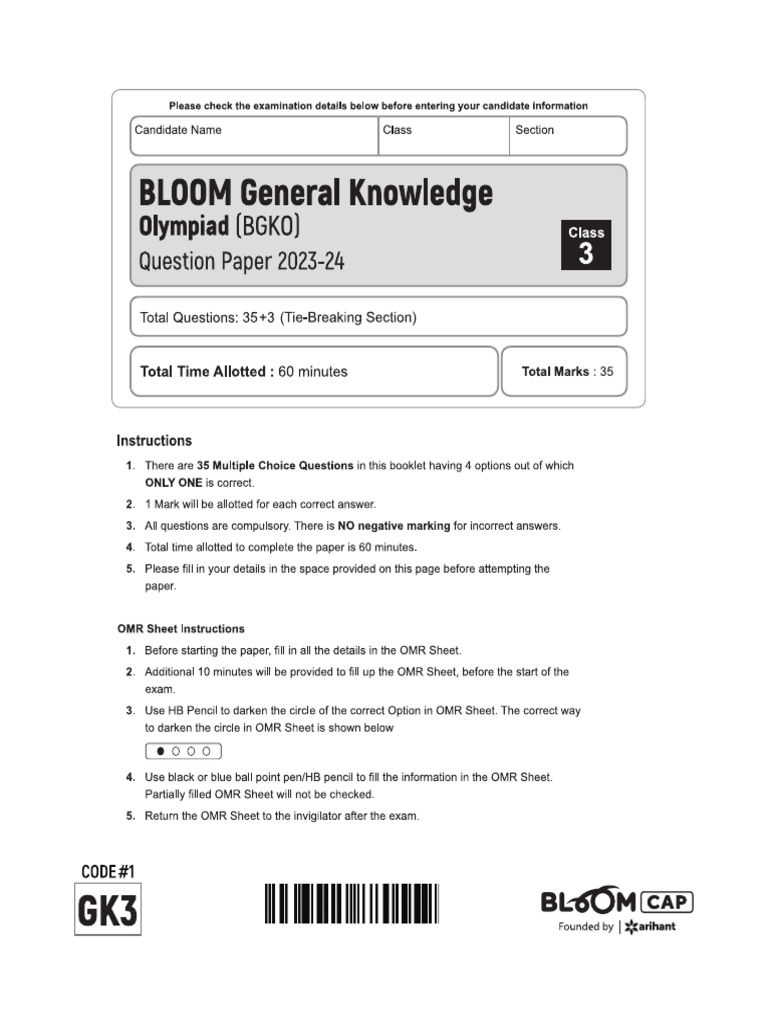 Bloom Olympiad General Knowledge 3rd GK3 | PDF
