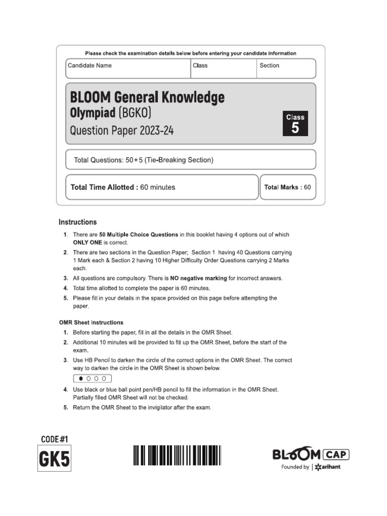 Bloom Olympiad General Knowledge 5th GK5 | PDF