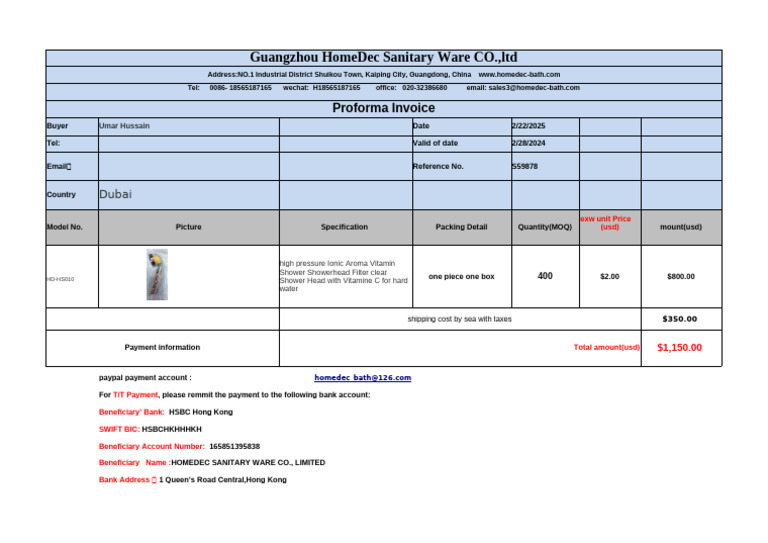 Guangzhou Homedec Sanitary Ware Co.,Ltd: Proforma Invoice | PDF | Banking