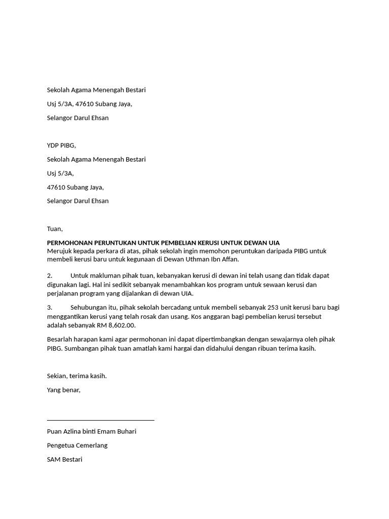 Surat Iringan Beli Kerusi Dewan UIA | PDF