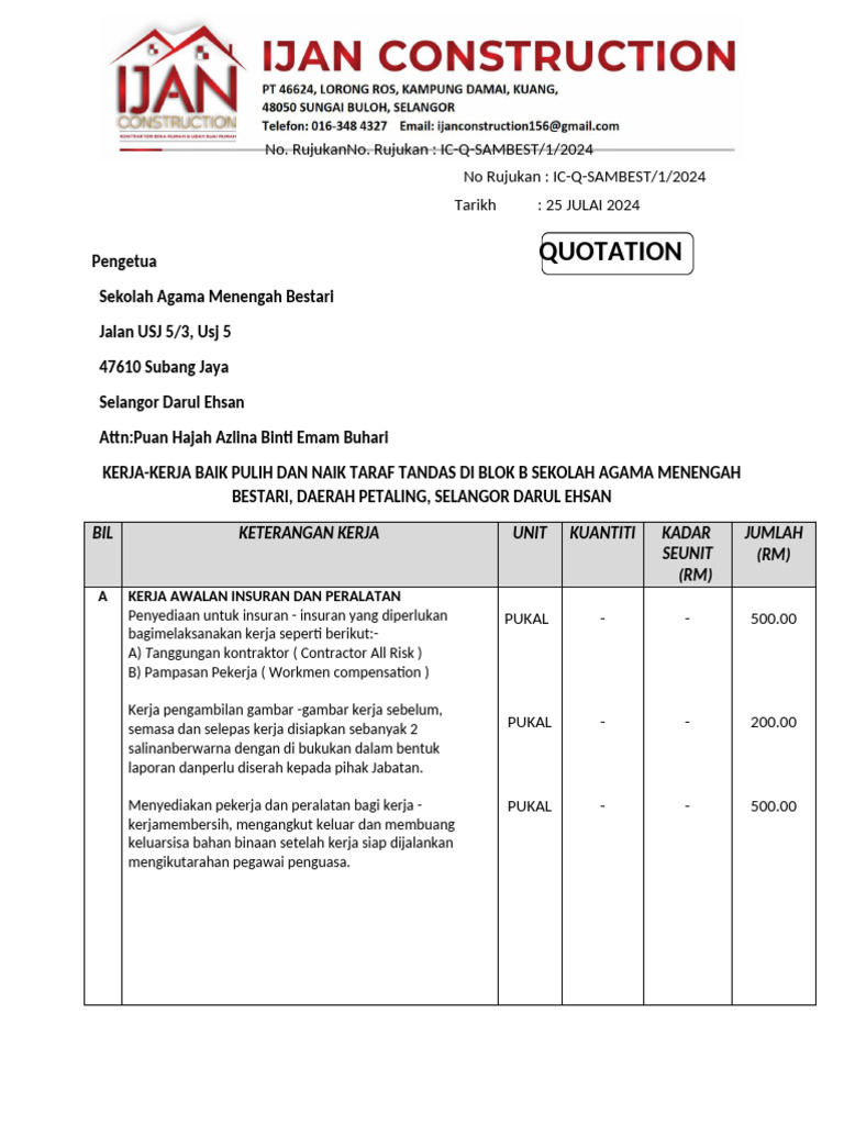 Quotation Kerja Baik Pulih Tandas Sambest - Jais - Ogos 2024-New | PDF