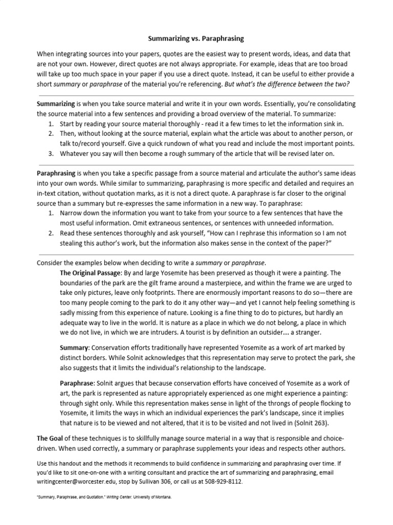 Summarizing Vs Paraphrasing | PDF