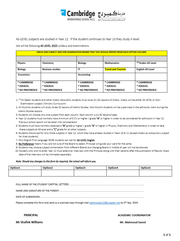 Ay 24-25-Y12-As Level Option Form | PDF | University Of Cambridge | Qualifications