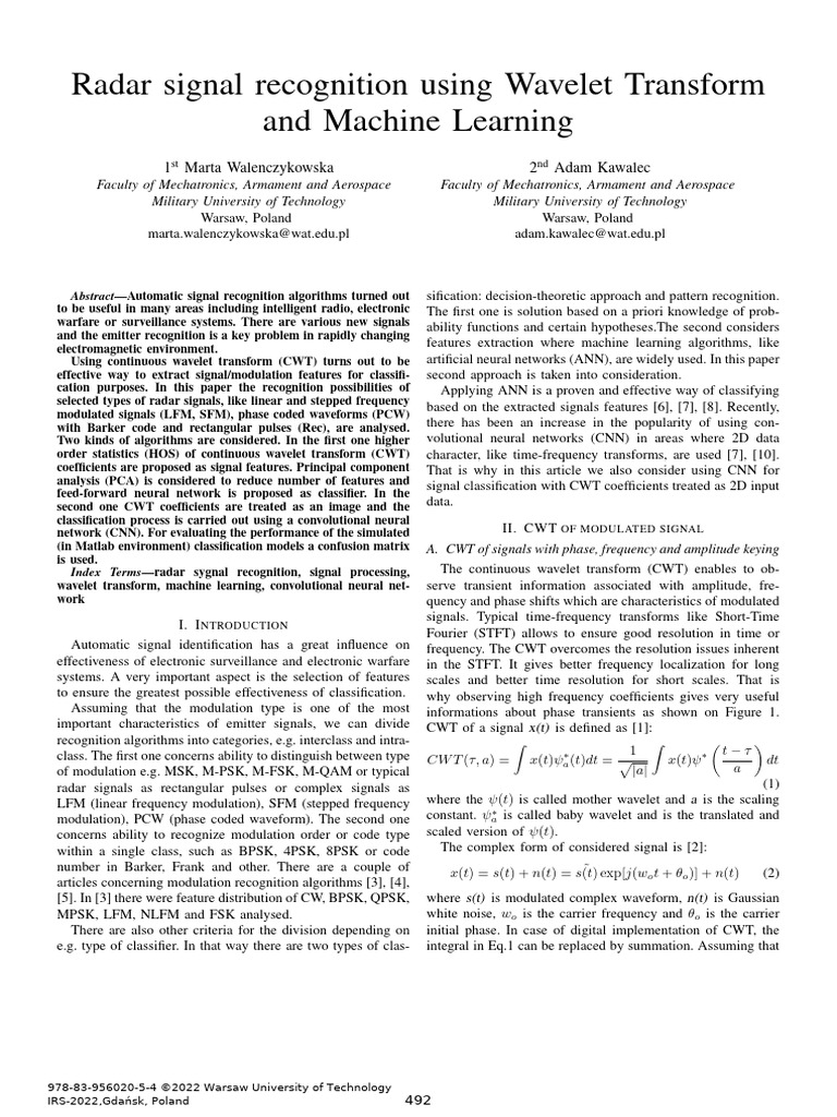 Radar_signal_recognition_using_Wavelet_Transform_and_Machine_Learning | PDF | Wavelet | Modulation