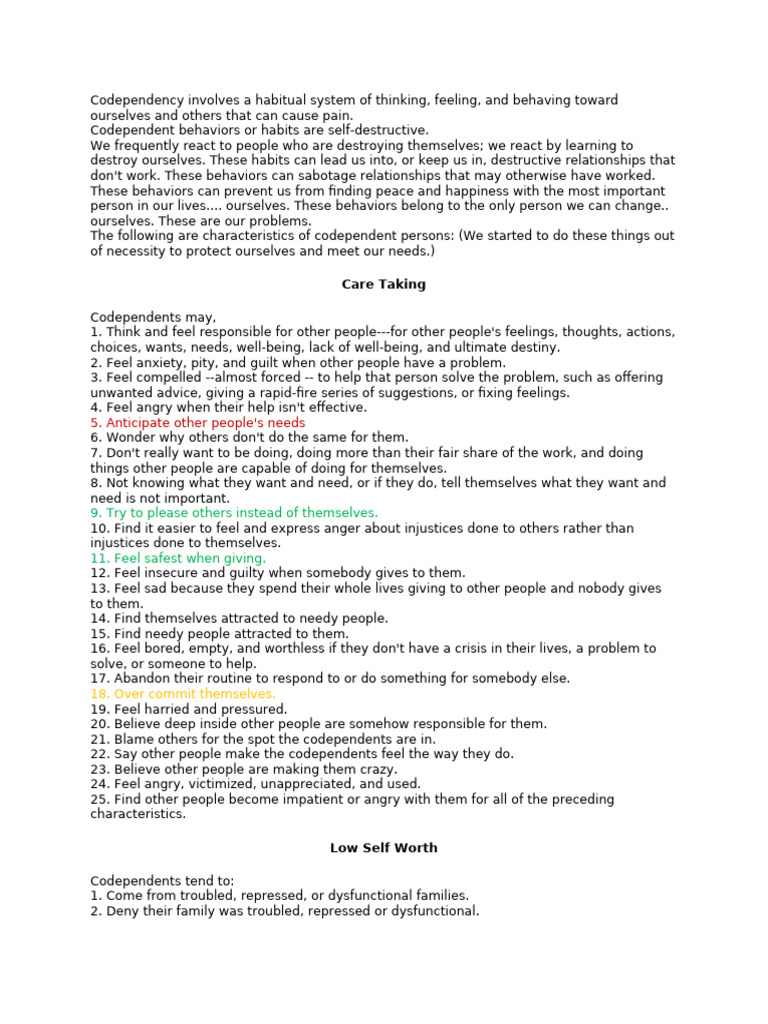 Codependency - Symptoms Checklist - Me | PDF | Anger | Feeling