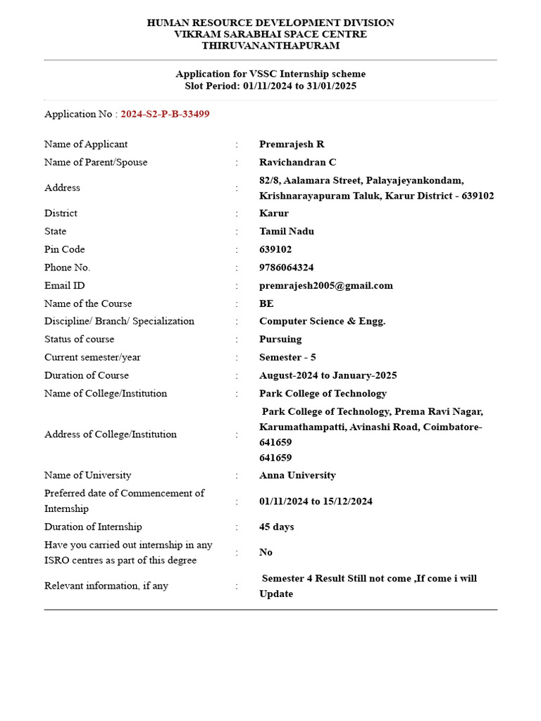 Internship Application ISRO | PDF