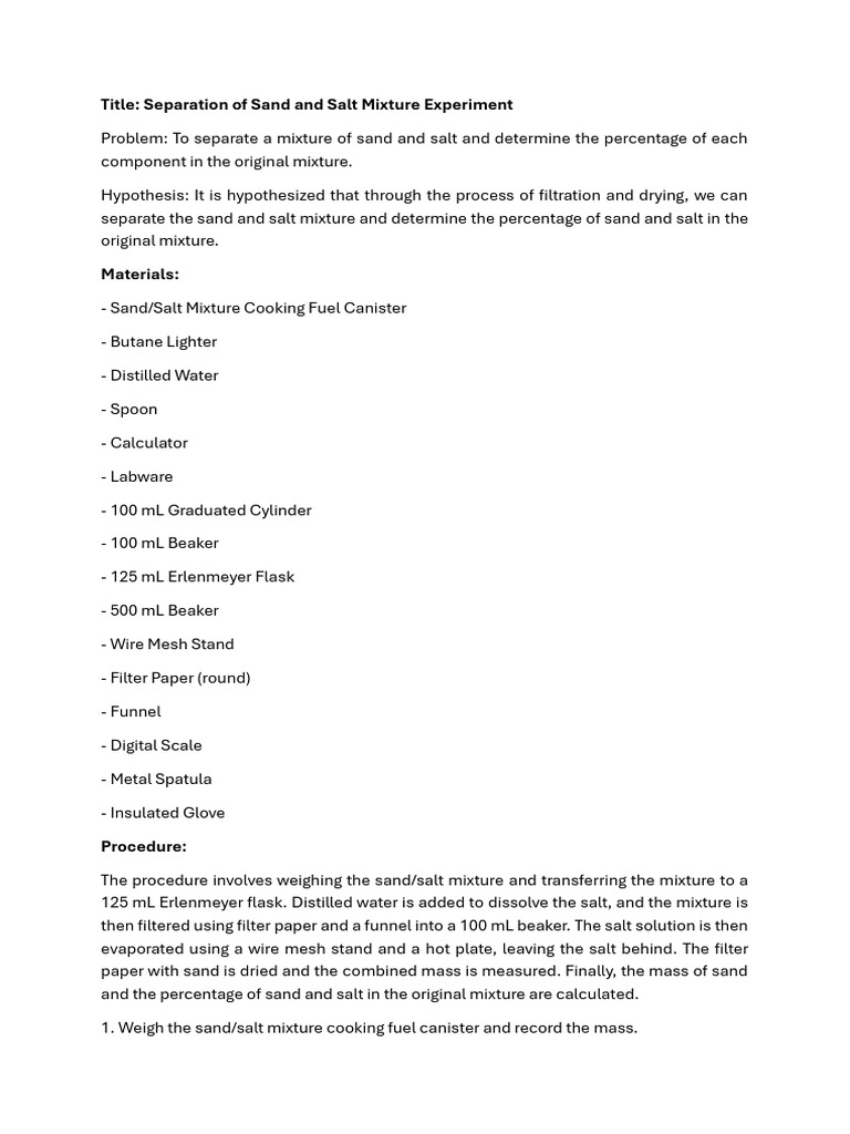Sand and Salt Separation Experiment | PDF
