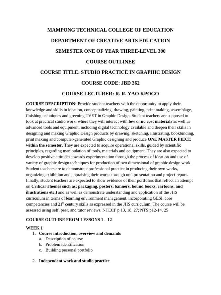 Graphic Design Studio Practice Course | PDF | Graphic Design | Teachers