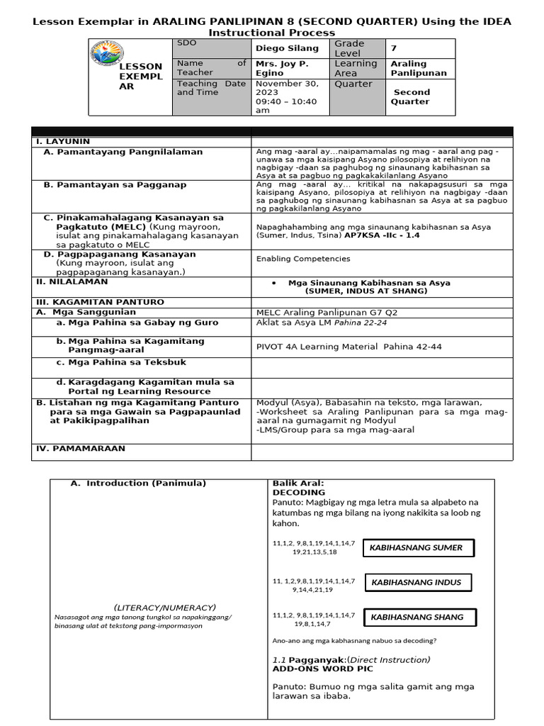 EGINO Lesson Exemplar in ARALING PANLIPINAN 7 Q2 COT2 | PDF