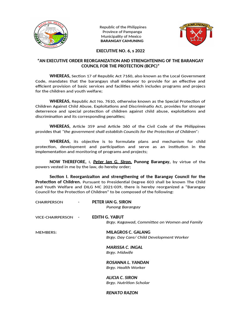 BCPC EXECUTIVE ORDER | PDF | Government | Justice