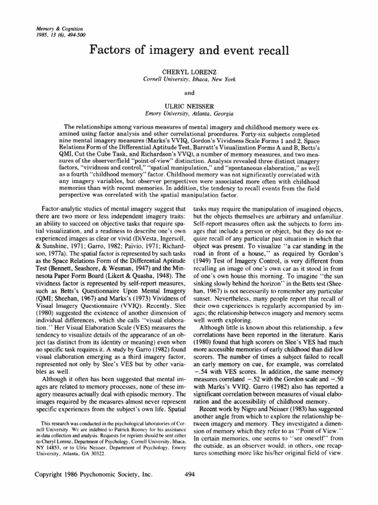 Factors of Imagery and Event Recall: Memory Cognition | PDF | Mental Image | Memory