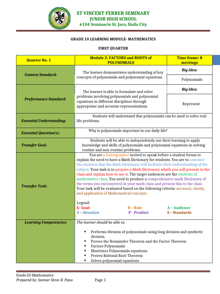 G10 LP-1st Quarter (Factors & Roots of Polynomials) | PDF | Factorization | Polynomial