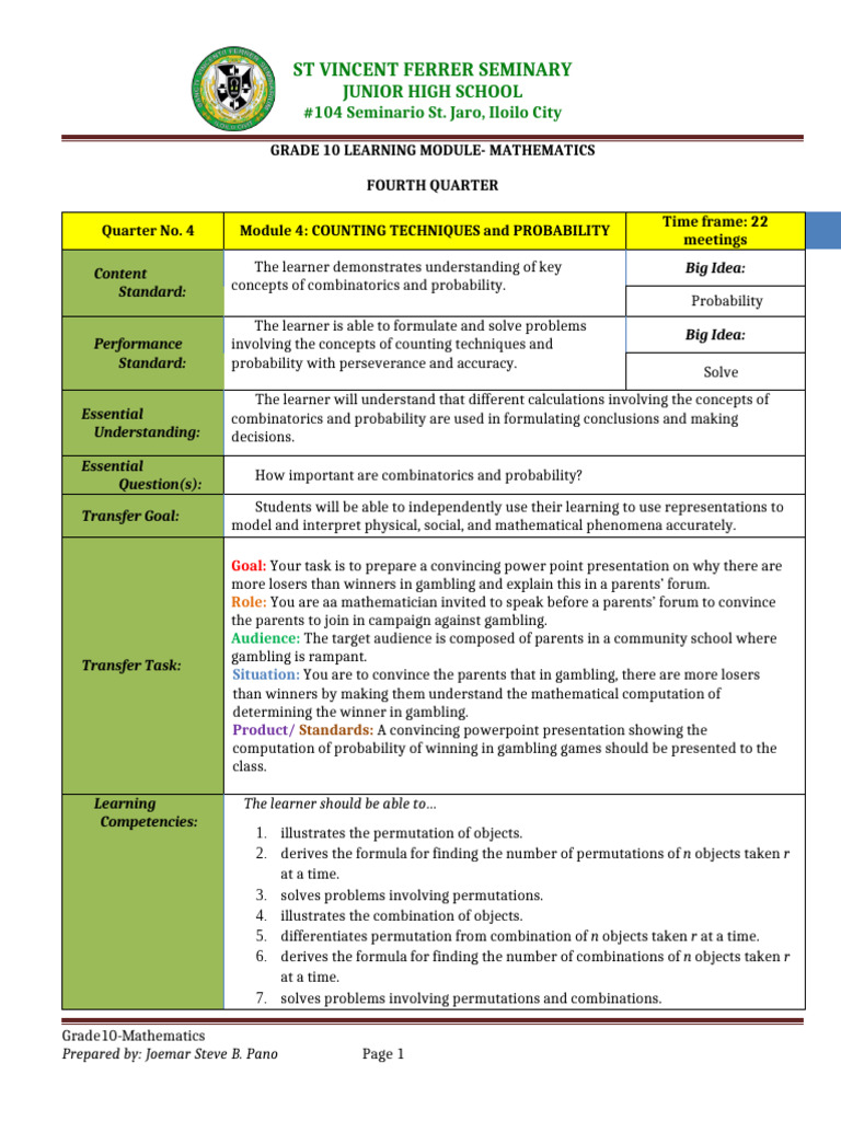 Grade 10 Math: Probability Module | PDF | Probability | Combinatorics