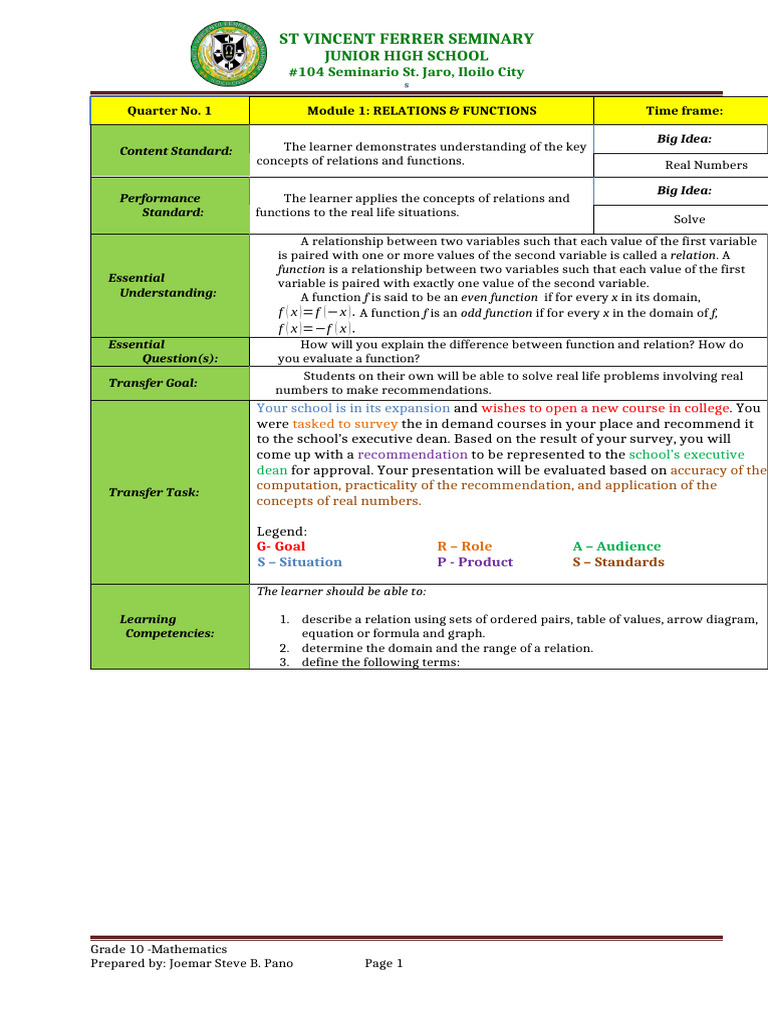 G10 LP-1st Quarter (Relations & Functions) | PDF | Set (Mathematics ...