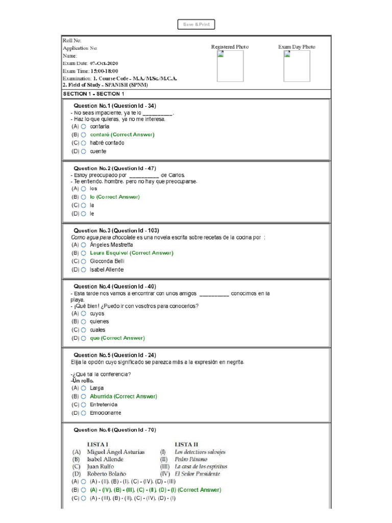 JNUEE MA Spanish SPNM 2020 | PDF