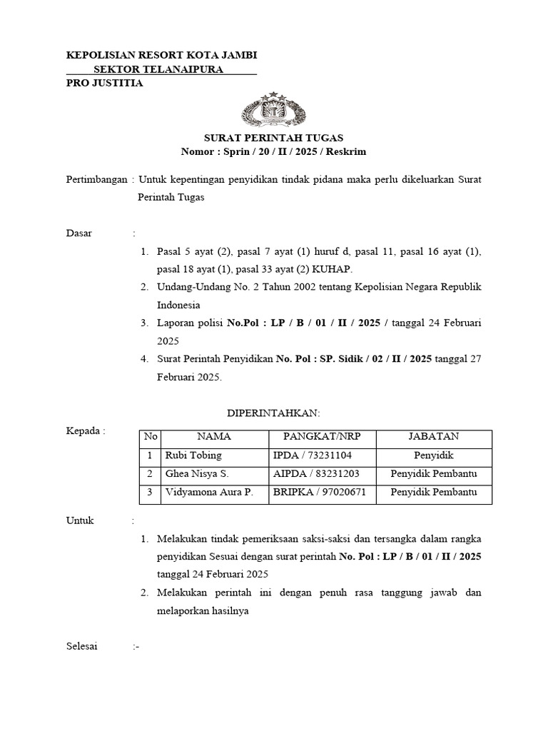 Surat Perintah Tugas Penyidikan Polri | PDF