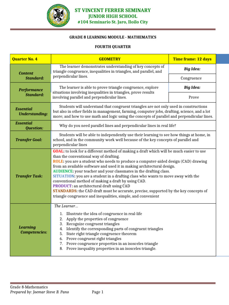 Grade 8 Geometry Learning Module | PDF | Triangle | Computer Aided Design