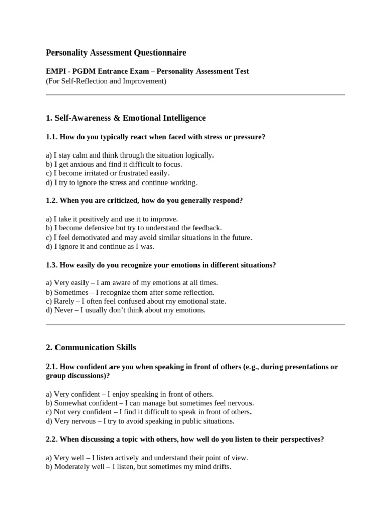 Personality Assessment Questionnaire | PDF | Emotions | Decision Making