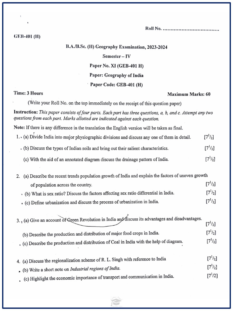 PYQs GEB-401-H Geography of India | PDF