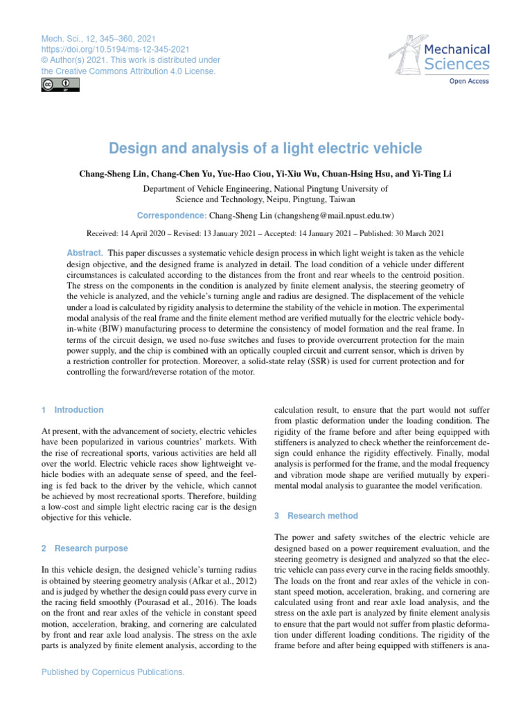 Design and Analysis of A Light Electric Vehicle | PDF | Electric Motor ...