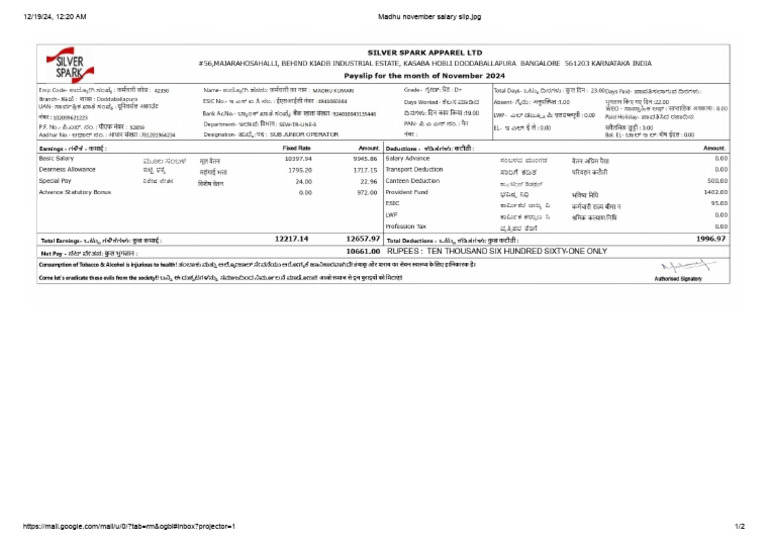 November Salary Slip for Madhu | PDF