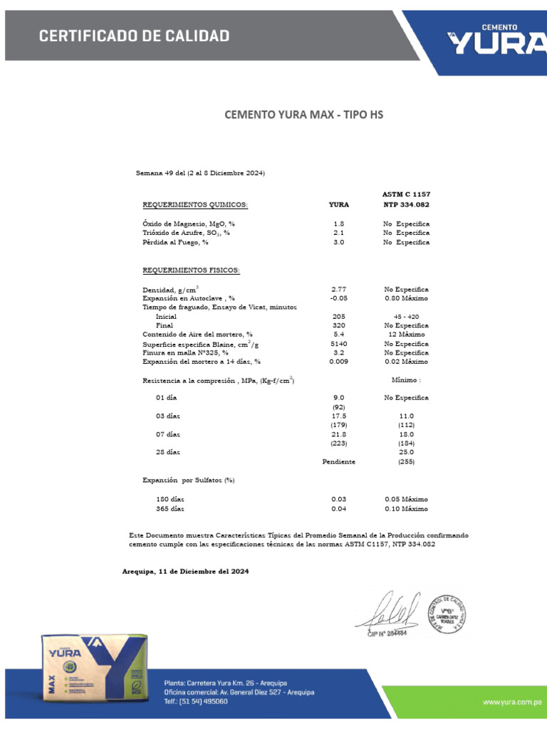 Certificado de Calidad - Cemento Yura | PDF | Materiales de construcción | Elementos químicos