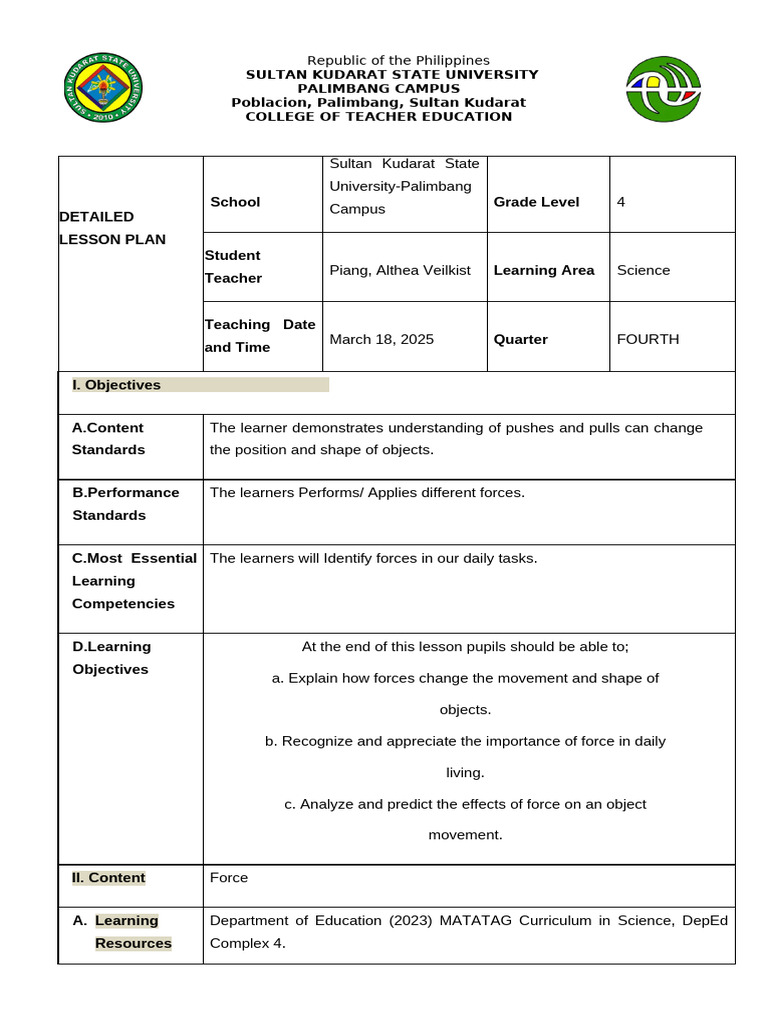 DLP Final Format Science 4 | PDF | Force | Learning