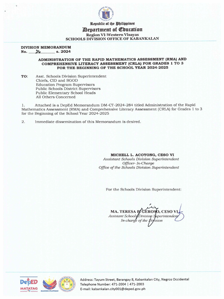 Division Memorandum No. 216 S. 2024 Administration of Rma and Crla For Grades 1 To 3 For The ...