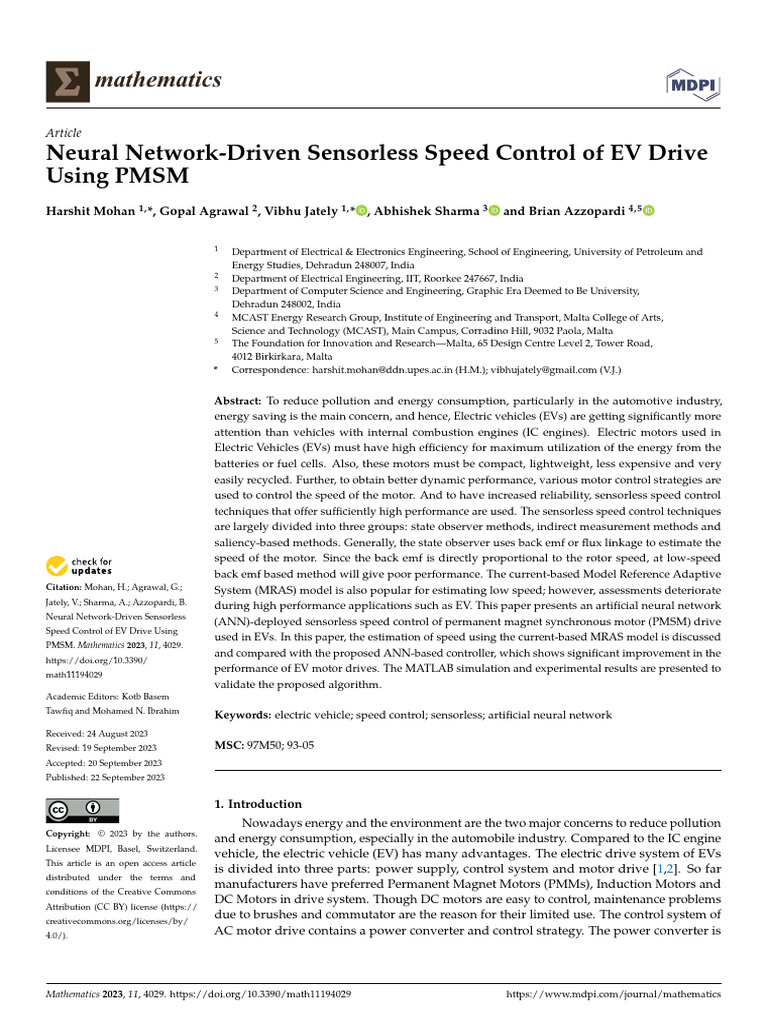 Paper 6 - Neural Network-Driven Sensorless Speed Control of EV Drive Using PMSM | PDF | Electric ...