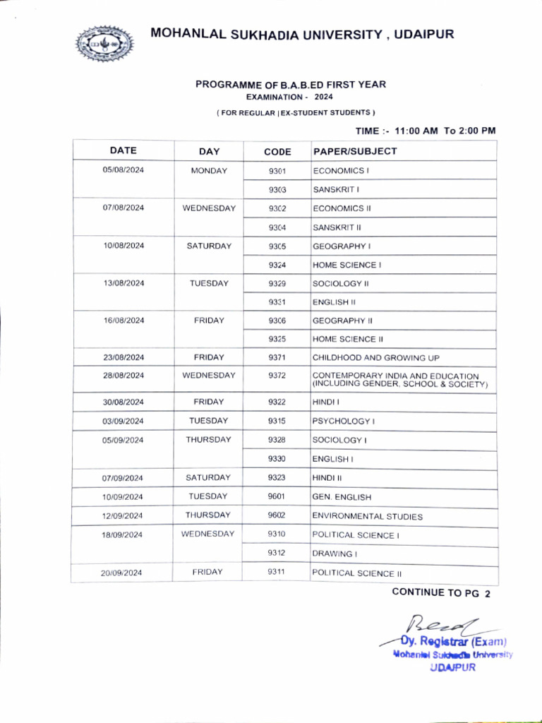 Time Table of B.A. B.ed First Year Examination 2024 (For Regular, Ex-Student) | PDF