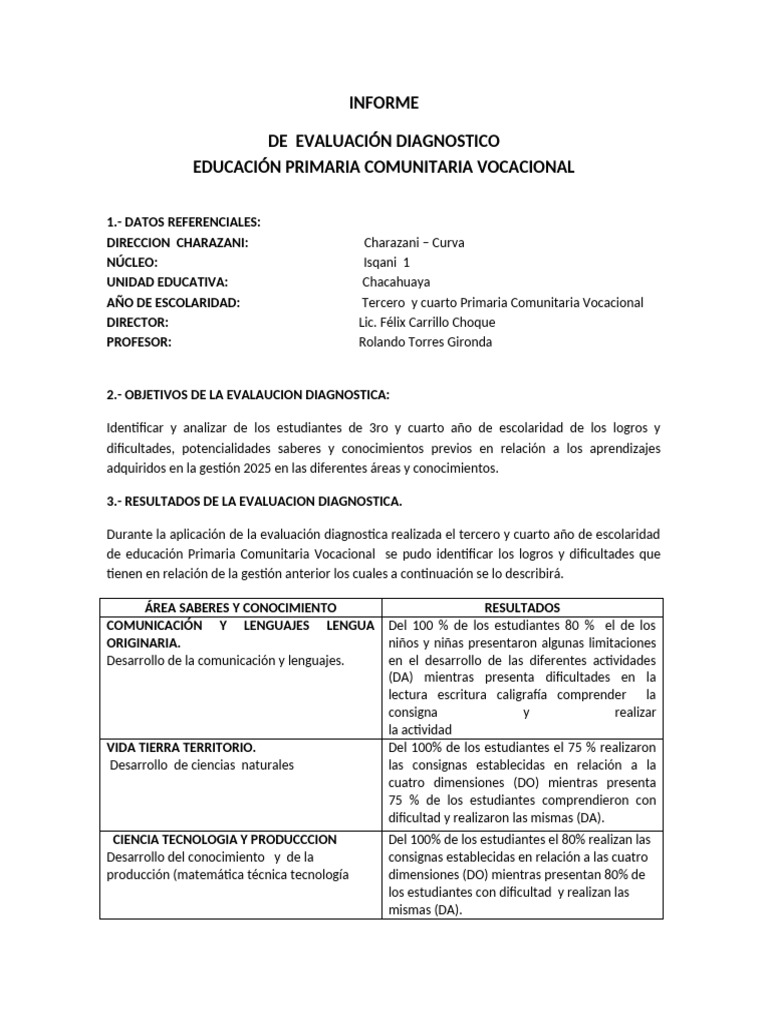 Informe de La Evaluación Diagnostico | PDF | Educación primaria | Evaluación