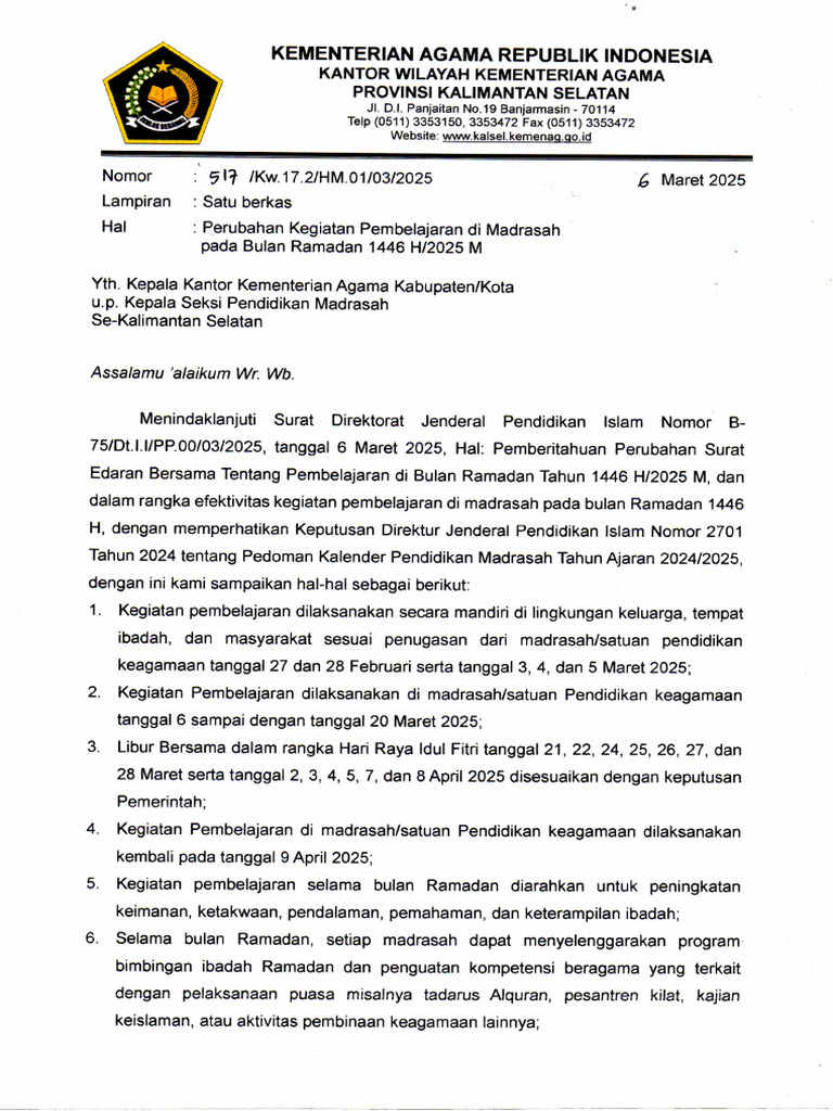 Perubahan Kegiatan Pembelajaran Di Madrasah Pada Bulan Ramadan - Kanwil | PDF