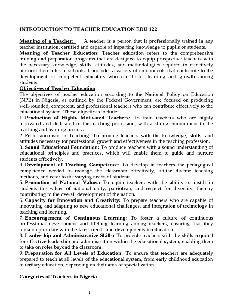 Introduction to Teacher Education in Nigeria | PDF | Teachers | Cost Of ...