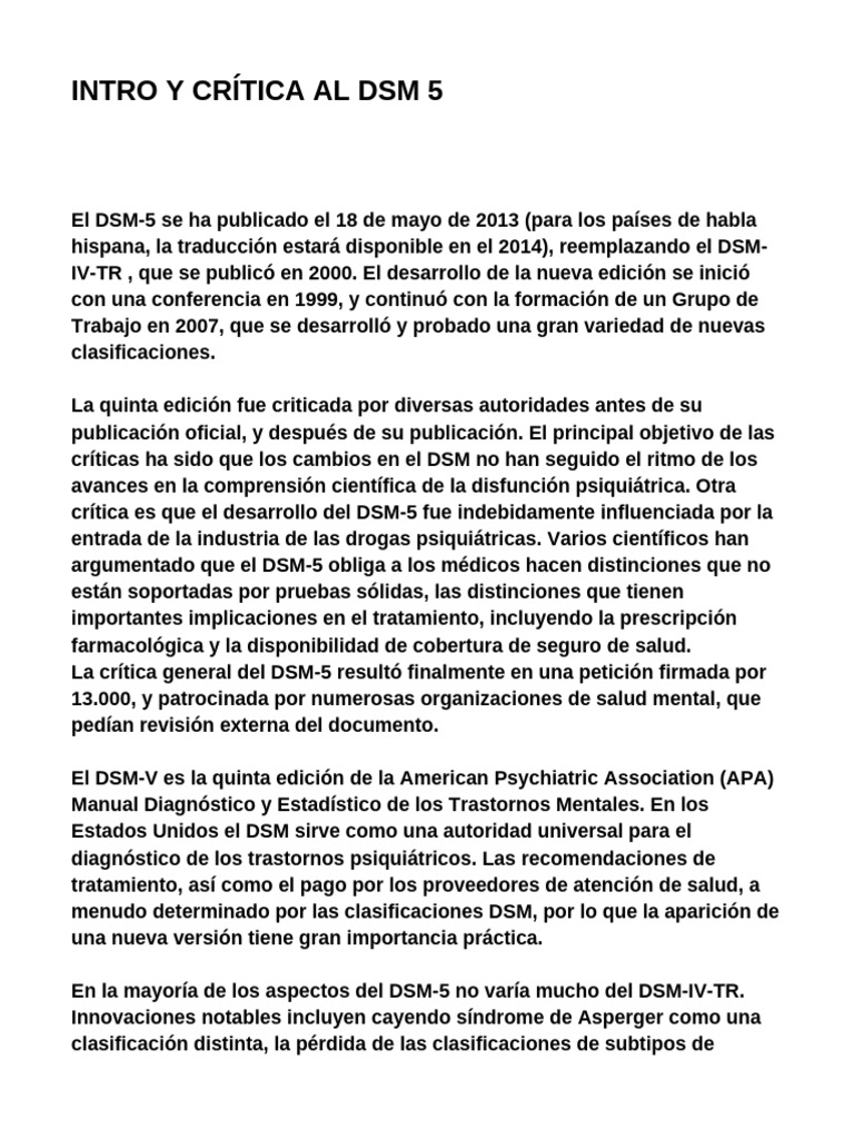 Intro y Críticas Al DSM 5 | PDF | Manual Diagnóstico y Estadístico de los Trastornos Mentales ...